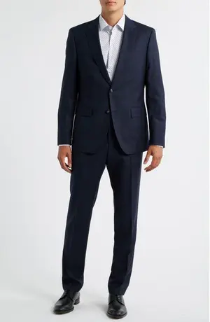Hugo Boss Huge Slim Fit Windowpane Check Navy Wool Suit - Dark Blue