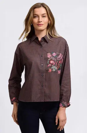 Foxcroft Marina Contrast Pocket Stripe Button-up Shirt