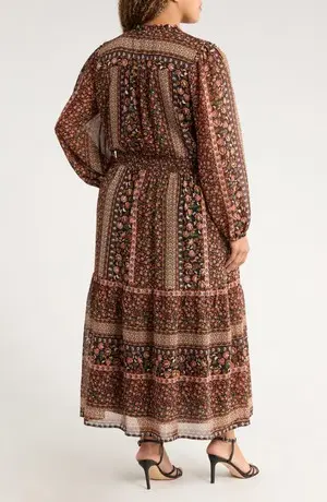 GIBSONLOOK Printed Smocked Long Sleeve Maxi Dress - Multi Spice Border Print