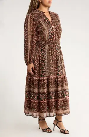GIBSONLOOK Printed Smocked Long Sleeve Maxi Dress - Multi Spice Border Print