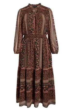 GIBSONLOOK Printed Smocked Long Sleeve Maxi Dress - Multi Spice Border Print