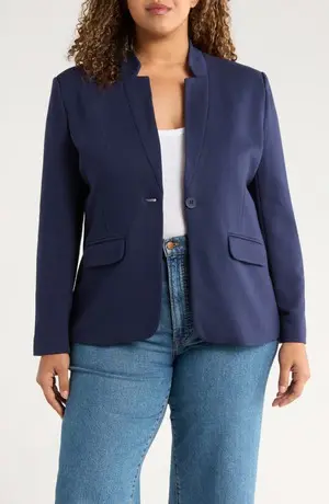 GIBSONLOOK Inverted Notch Collar Cotton Blend Blazer - Navy Peacoat