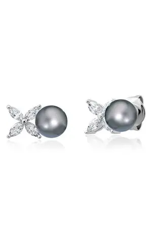 CRISLU Stud Earrings With Grey Pearl And Cubic Zirconia - Pure Platinum/gray Pearl