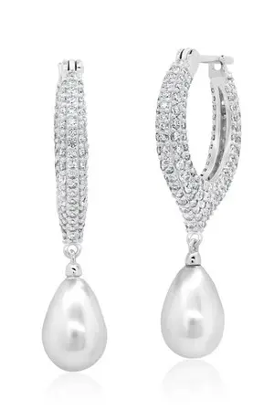 CRISLU Teardrop Pearl & Pavé Drop Earrings - Pure Platinum/pearl