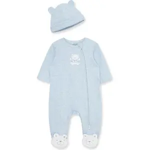 LITTLE ME Bear Embroidered Footie And Hat Set - Blue