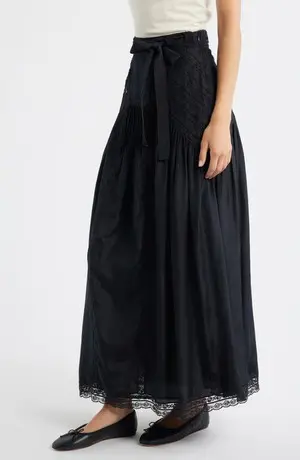 LoveShackFancy Beloria Lace Trim Silk Maxi Skirt