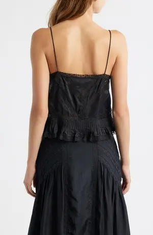 LoveShackFancy Ondeline Ruffle & Lace Silk Camisole - Black