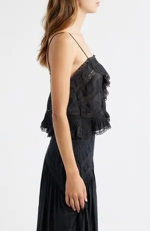 LoveShackFancy Ondeline Ruffle & Lace Silk Camisole - Black