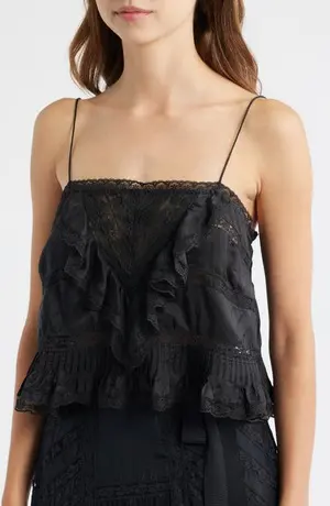 LoveShackFancy Ondeline Ruffle & Lace Silk Camisole - Black