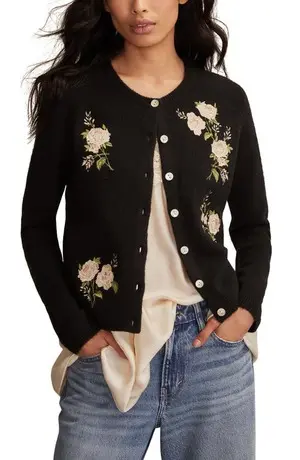 Lucky Brand Embroidered Cardigan - Caviar