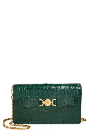Versace Medusa Croc Embossed Leather Wallet On A Chain - Dark Emerald Gold