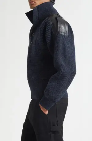 Burberry Leather Trim Ribbed Wool-blend Turtleneck Sweater