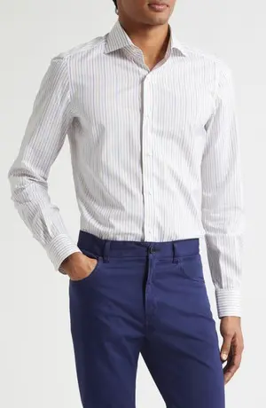 Isaia Stripe Cotton Button-up Shirt White