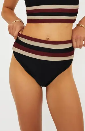 Beach Riot Millie High Waist Rib Bikini Bottoms - Maroon Merlot Colorblock