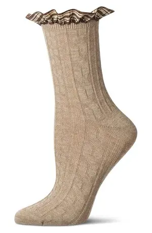 MEMOI Plaid Ruffle Cuff Crew Socks - Taupe