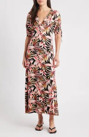 Loveappella Ruched Sleeve Empire Waist Maxi Dress - Black/rust