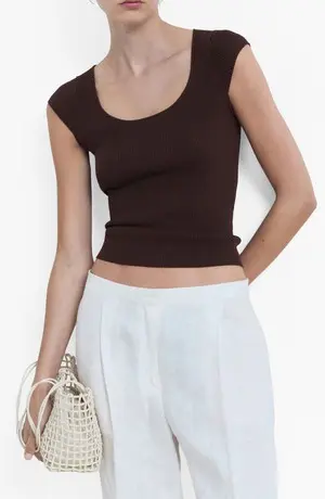 Mango Short Sleeve Ribbed Sweater - Chocolate
