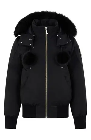 Moose Knuckles Debbie Genuine Shearling Trim Hooded Down Bomber Jacket - Black