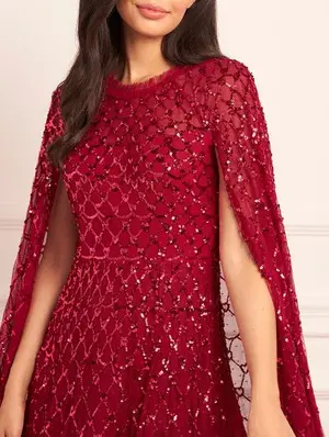 NEEDLE & THREAD Embellished Heart Lattice Cape Gown - Red