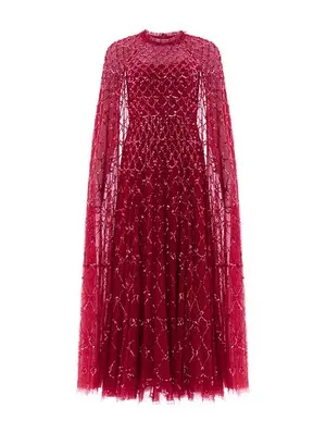 NEEDLE & THREAD Embellished Heart Lattice Cape Gown - Red