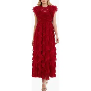 NEEDLE & THREAD Genevieve Ruffle Short Sleeve Maxi Gown - Deep Red/fuchsia