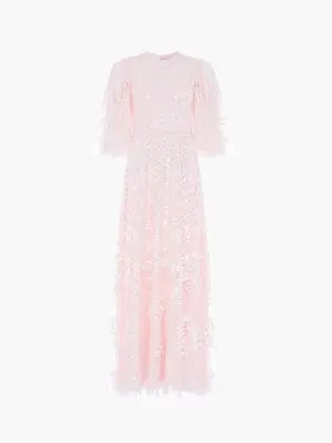 NEEDLE & THREAD Anais Sequin Maxi Gown With 3/4 Sleeves - Seashell
