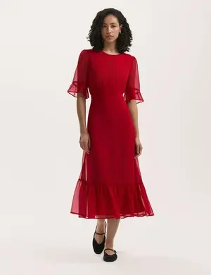 FINERY LONDON Jennifer Short Sleeve Chiffon Midi Dress - Red