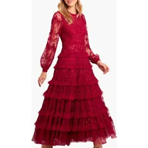NEEDLE & THREAD Blossom Long Sleeve Lace Gown - Red