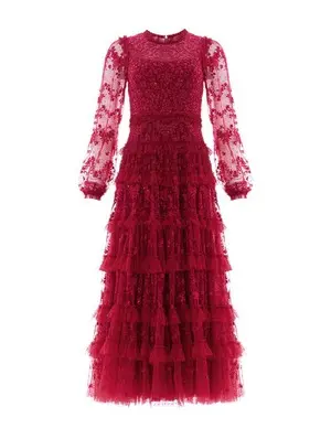 NEEDLE & THREAD Blossom Lace Ankle Gown - Red