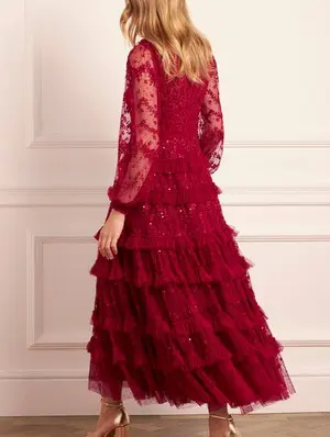 NEEDLE & THREAD Blossom Lace Ankle Gown - Red