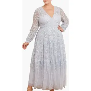 NEEDLE & THREAD Celestia Ribbon Long Sleeve V-neck Gown - Blue