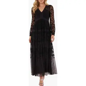 NEEDLE & THREAD Celestia Ribbon Long Sleeve V-neck Gown - Graphite
