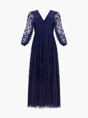 NEEDLE & THREAD Celestia Ribbon Long Sleeve V-neck Gown - Navy