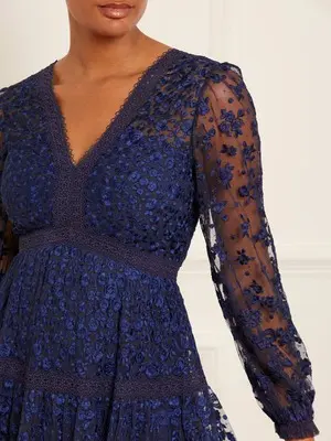 NEEDLE & THREAD Celestia Ribbon Long Sleeve V-neck Gown - Navy