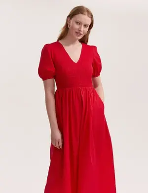 FINERY LONDON Jamilla Short Sleeve Cotton Midi Dress - Red