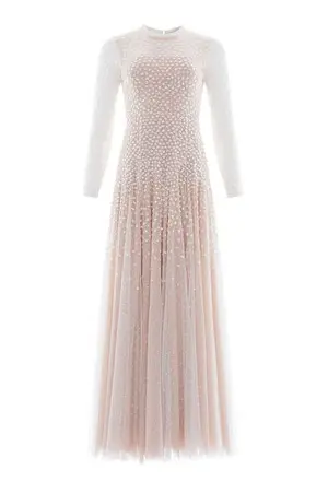 NEEDLE & THREAD Sequin Cascade Round Neck Gown - Cream/butterscotch