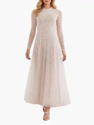 NEEDLE & THREAD Sequin Cascade Round Neck Gown - Cream/butterscotch