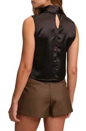 Deluc Sleeveless Satin Tie Neck Top - Black