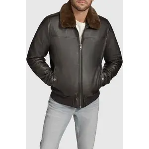 Andrew Marc Hedland Shearling Collar Lambskin Leather Aviator Jacket