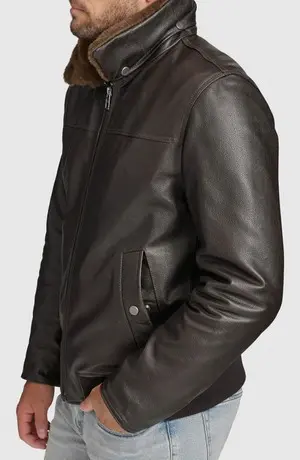 Andrew Marc Hedland Shearling Collar Lambskin Leather Aviator Jacket