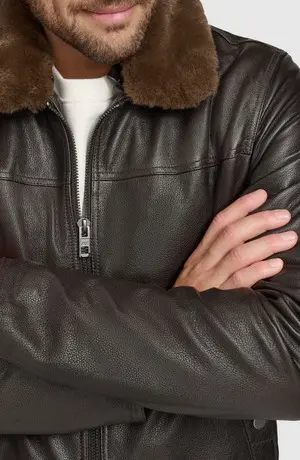 Andrew Marc Hedland Shearling Collar Lambskin Leather Aviator Jacket
