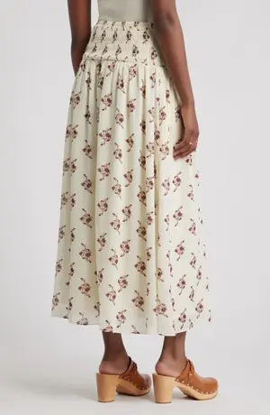 Treasure & Bond Smocked Waist Maxi Skirt - Ivory- Burgundy Batik Floral