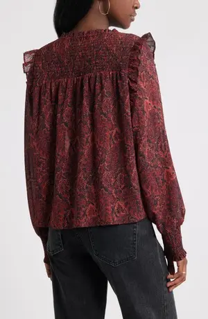 Treasure & Bond Smock Yoke Floral Print Top - Black- Red Gemma Medallion
