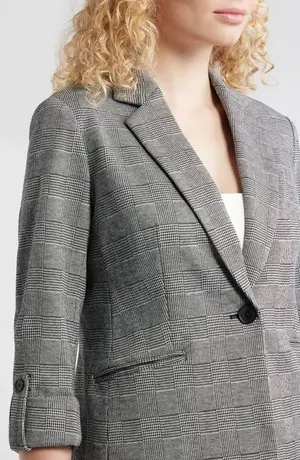 Anne Klein Windowpane Plaid Roll-tab Sleeve Jacket - Anne Black/white Dove