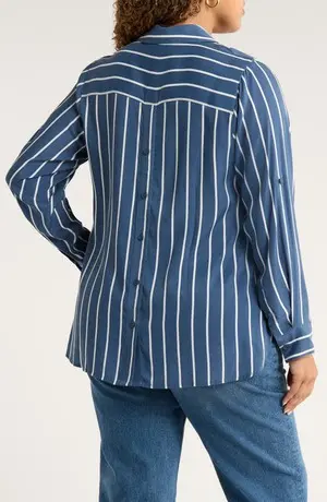 Universal Standard Button Back Stripe Johnny Collar Popover Shirt
