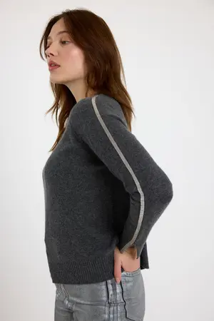BRODIE CASHMERE Crew Neck Cashmere Sweater With Split Cuffs - Derby Grey