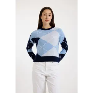 BRODIE CASHMERE Argyle Crew Neck Sweater - Navy