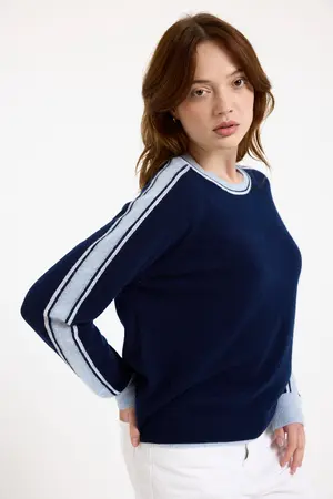 BRODIE CASHMERE Long Sleeve Sweater With Striped Detailing - Navy