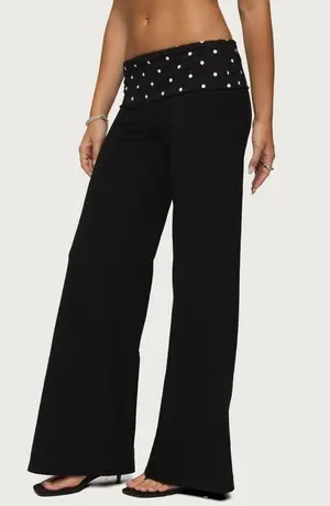 EDIKTED Polka Dot Foldover Knit Pants - Black