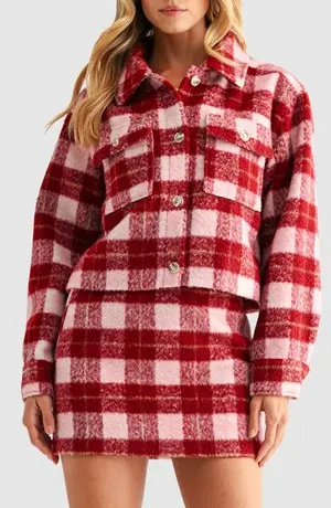 ALL IN FAVOR Plaid Crop Jacket - Burgundy Plaid